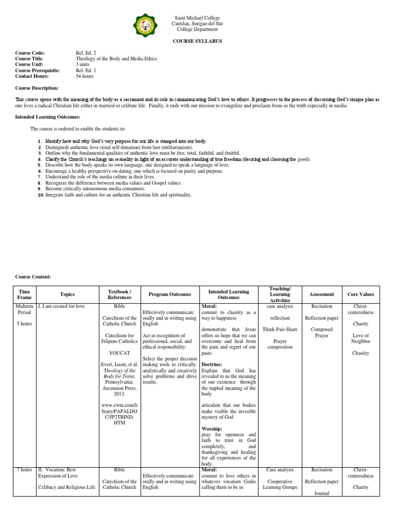 SYLLABUS Rel. Ed. TOB and Media Ethics | PDF | Catechism | Catholic Church