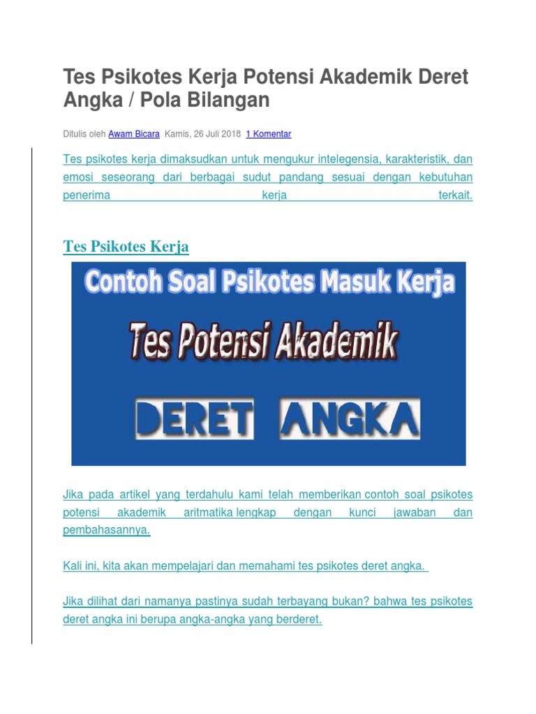 Tes Psikotes Kerja Potensi Akademik Deret Angka | PDF