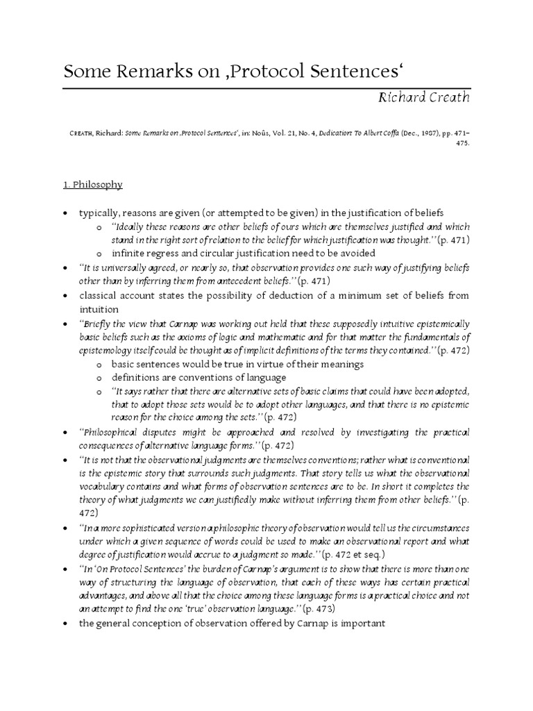 Creath (1987) - Some Remarks On 'Protocol Sentences' | PDF ...
