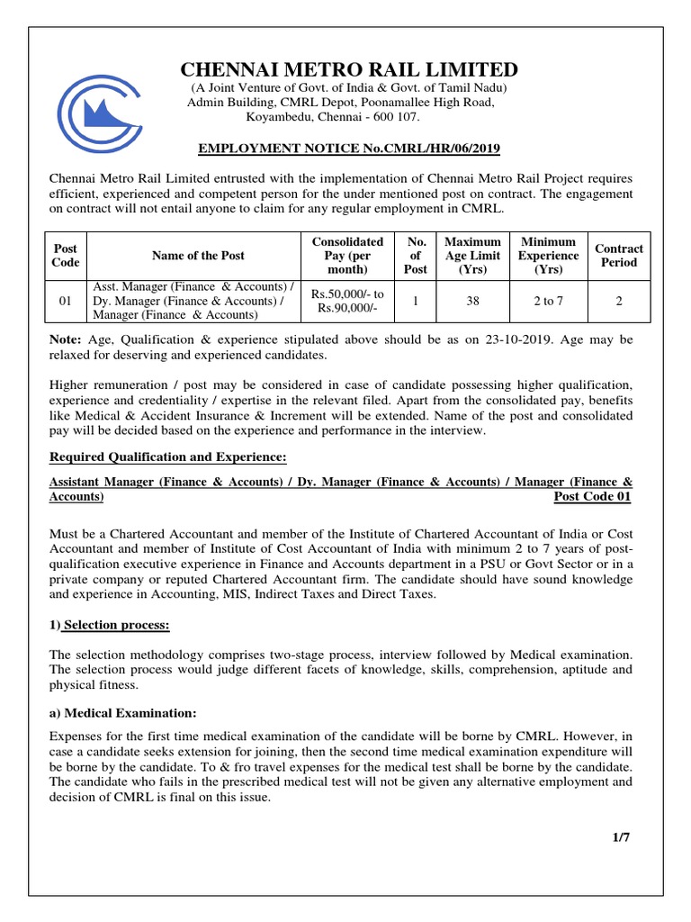 Chennai Metro Rail Limited: Employment Notice No - Cmrl/Hr/06/2019 ...