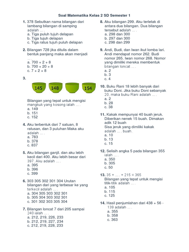 Soal Matematika Kelas 2 SD Semester 1 | PDF