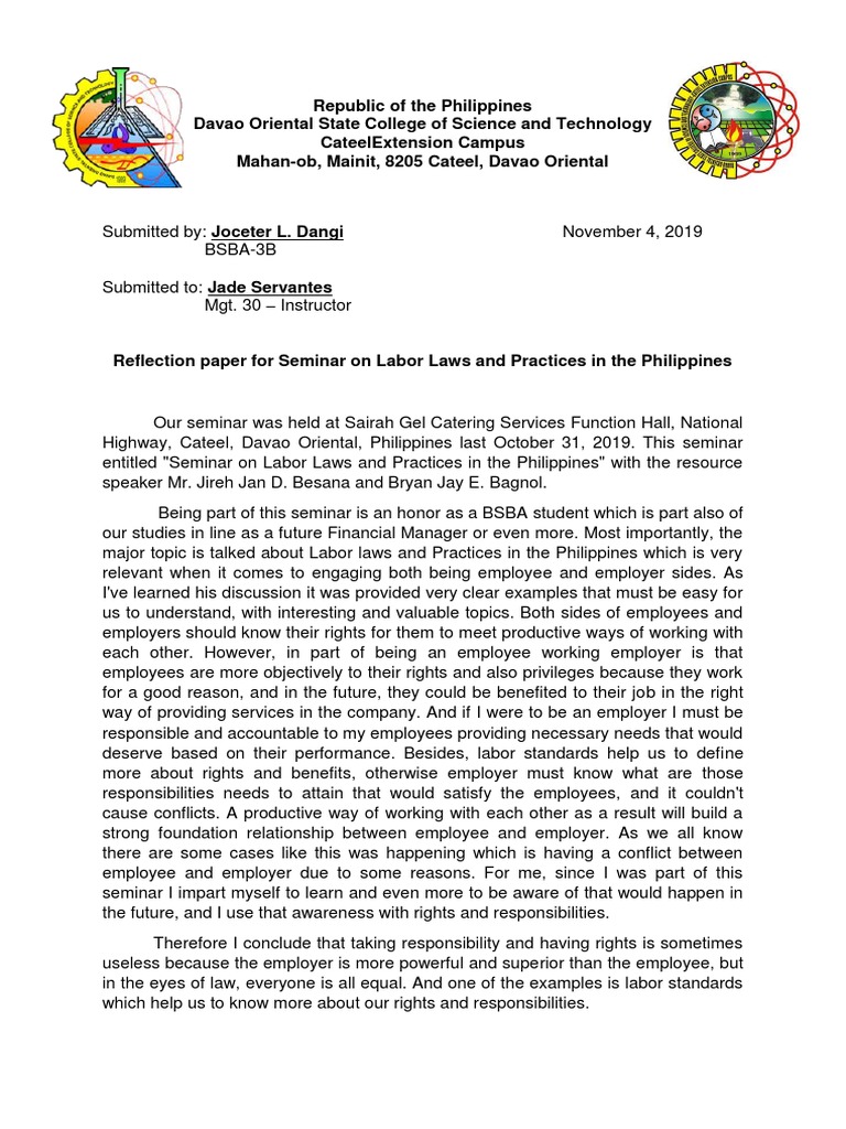 Reflection Paper | PDF | Employment | Labour Law