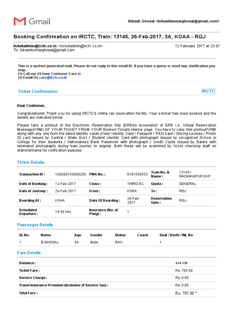 Booking Confirmation On IRCTC, Train: 13145, 26 Feb 2017, 3A, KOAA RGJ | PDF | Identity Document ...