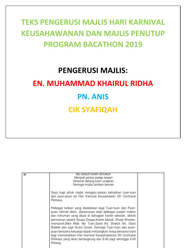 Teks Pengerusi Majlis Hari Karnival Keusahawanan Dan Majlis Penutup ...