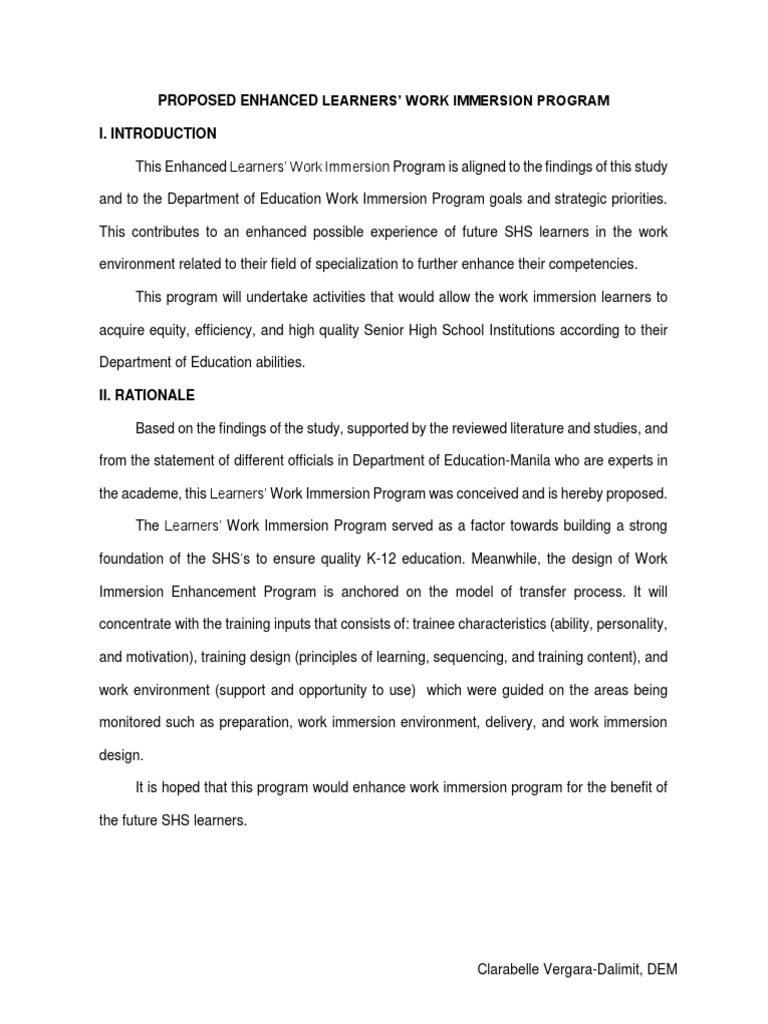 Proposed Enhanced Learners' Work Immersion Program | PDF | Motivation ...
