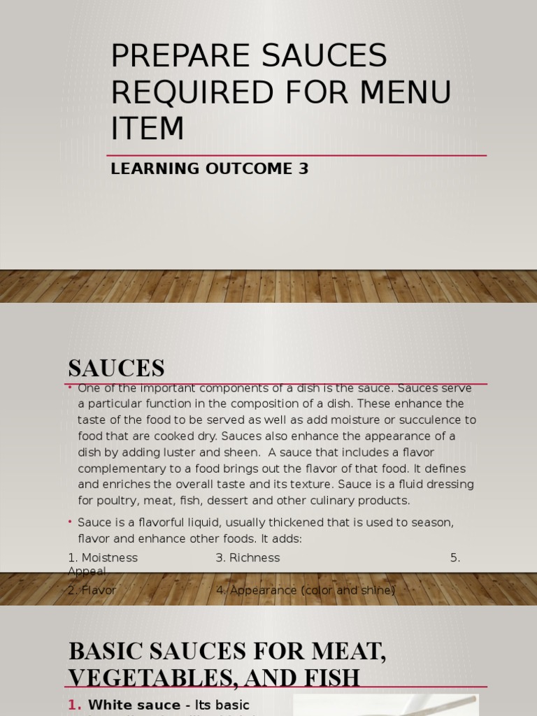 Prepare Sauces Required For Menu Item: Learning Outcome 3 | PDF | Food ...