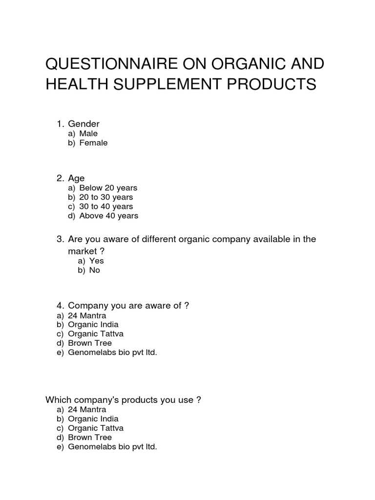 Organic and Supplement Product Questionnaire | PDF