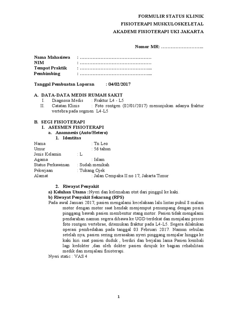 Formulir Status Klinik Fisioterapi Muskuloskeletal New | PDF