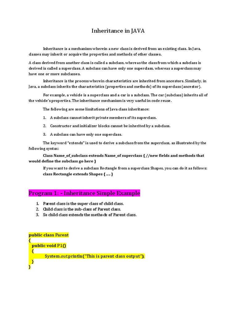 Inheritance in JAVA: Public Class Parent | PDF | Inheritance (Object ...