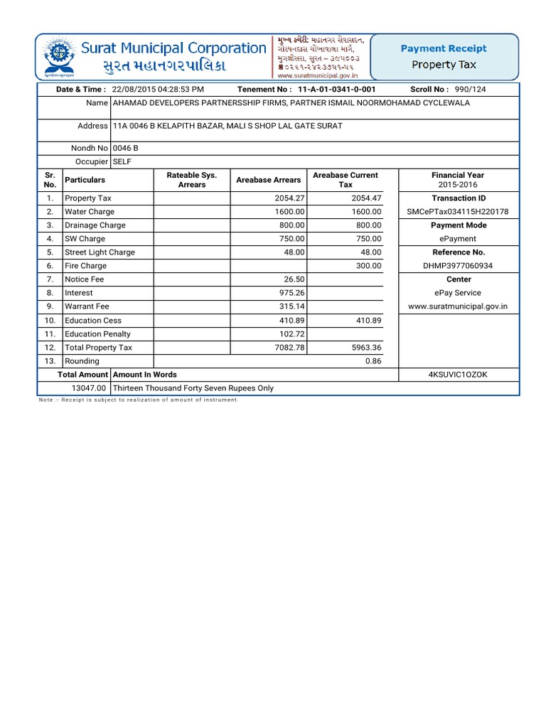 Surat Municipal Tax Receipt 2015 | PDF | Finance & Money Management