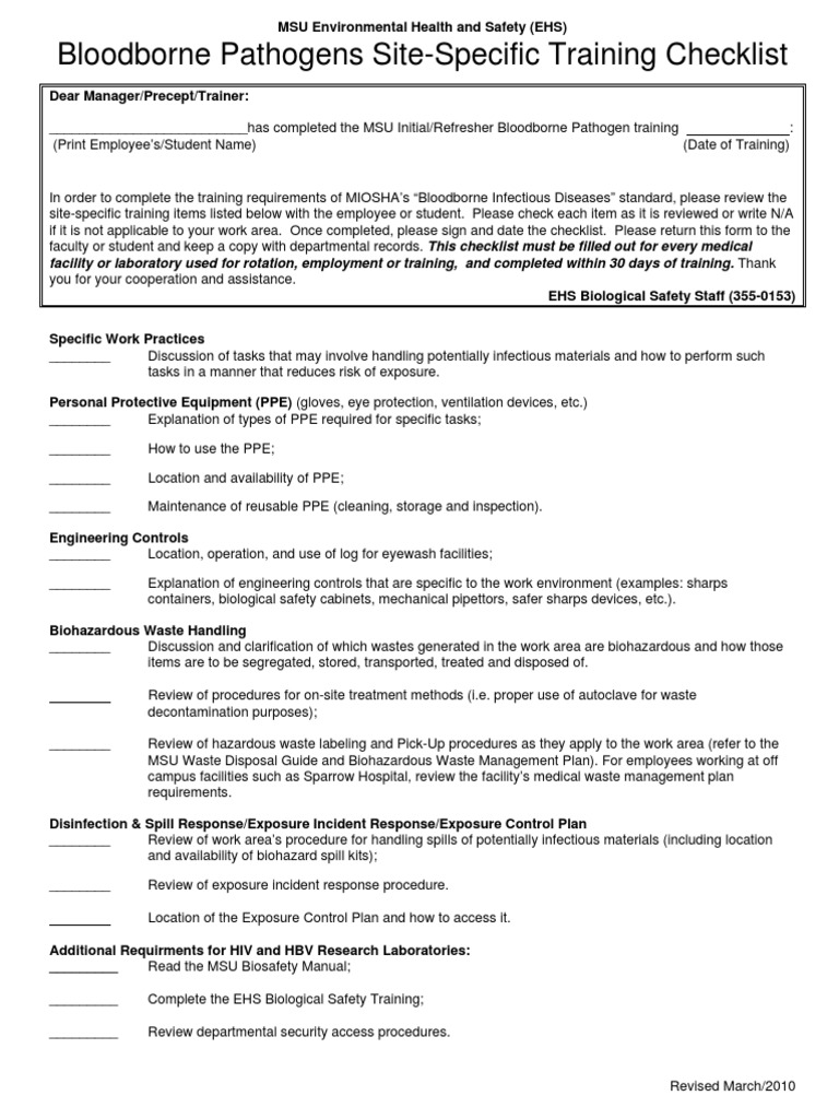 Apx E1 BBP Site Specific Checklist | PDF | Personal Protective ...