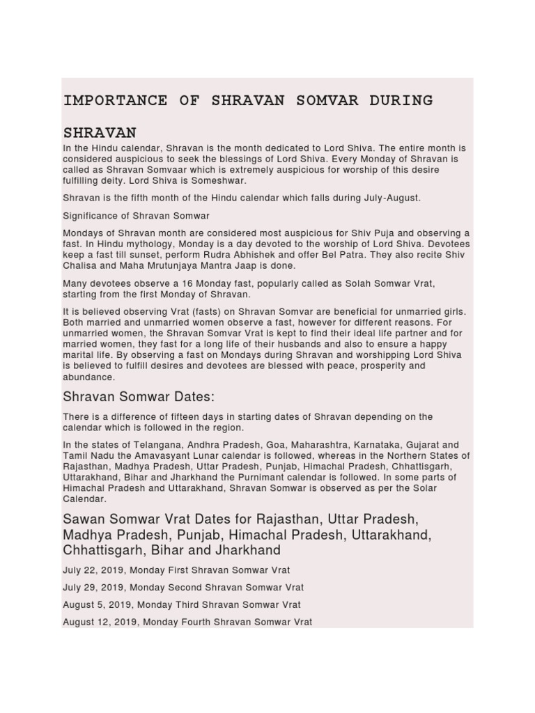 Importance of Shravan Somwar | PDF | Shiva | Hindu Behaviour And Experience