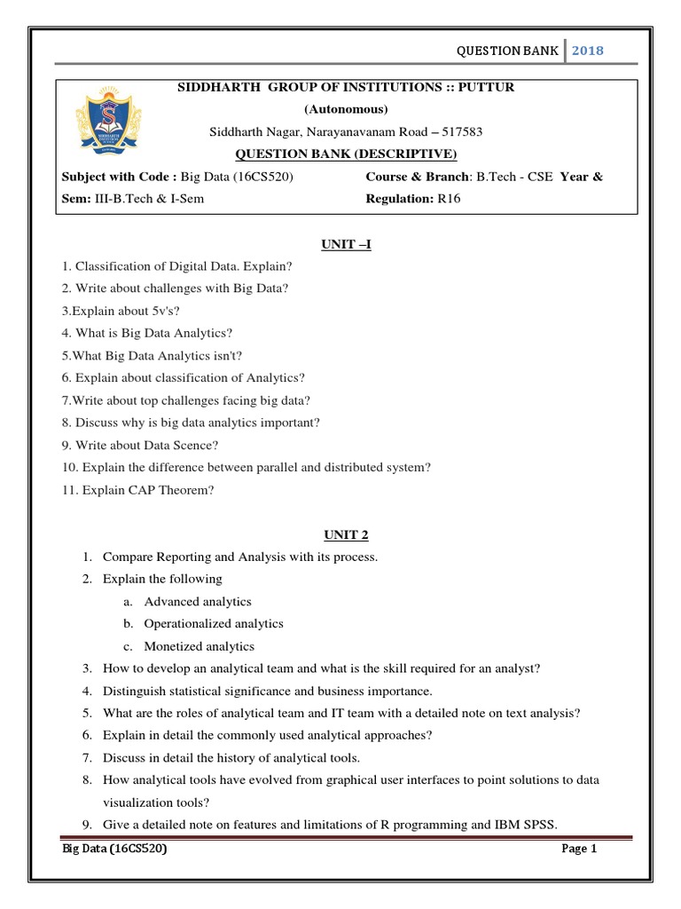 Question Bank for Big Data Analytics Course Covering Key Concepts and Tools | PDF | Apache ...