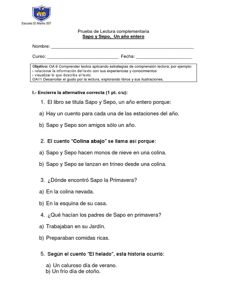 Prueba de Lectura: Sapo y Sepo | PDF
