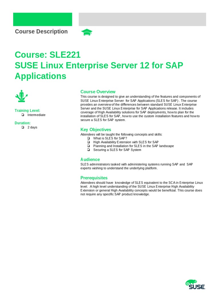 SLE221 SLES12 For SAP Applications Course Description PDF | PDF | Sap ...
