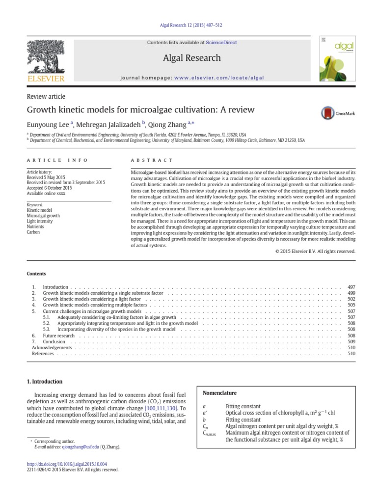 Growth Kinetic Models For Microalgae Cultivation A Review | PDF ...