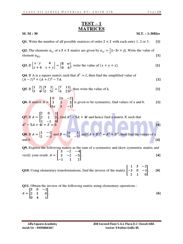 Test - 1 Matrices: Class-Xii (Cbse) Material By: Anish Sir Page | PDF ...