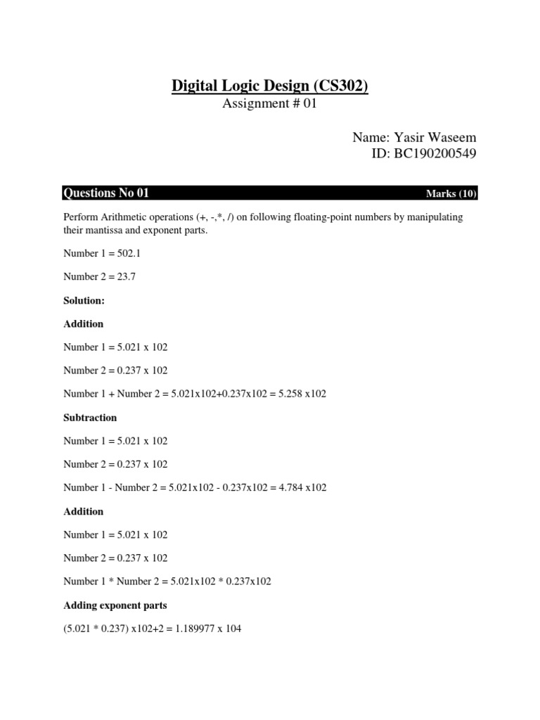 Digital Logic Design (CS302) : Assignment # 01 Name: Yasir Waseem ID: BC190200549 | PDF