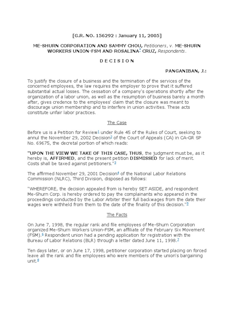 Me Shurn Corp vs. Me Shurn FSM | PDF | Unfair Labor Practice | Trade Union