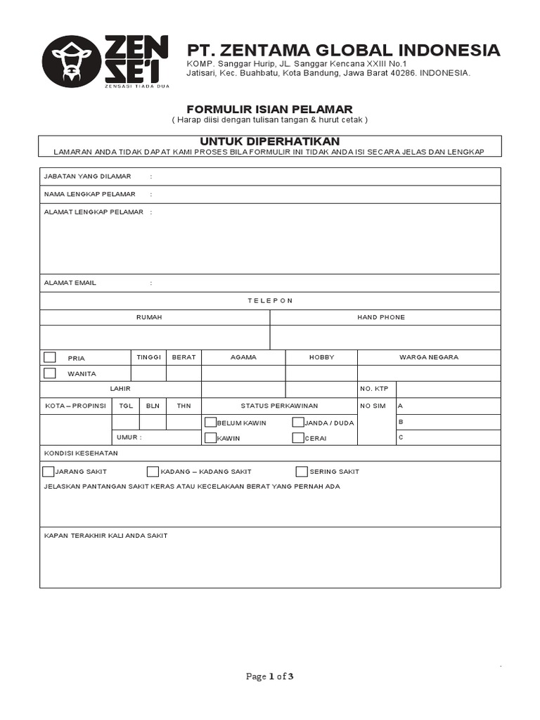 Form Pelamar Zensei | PDF