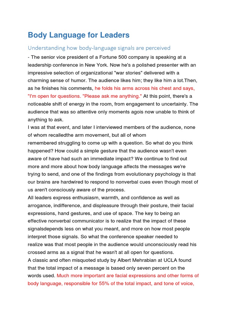 Body Language For Leaders | PDF | Body Language | Nonverbal Communication