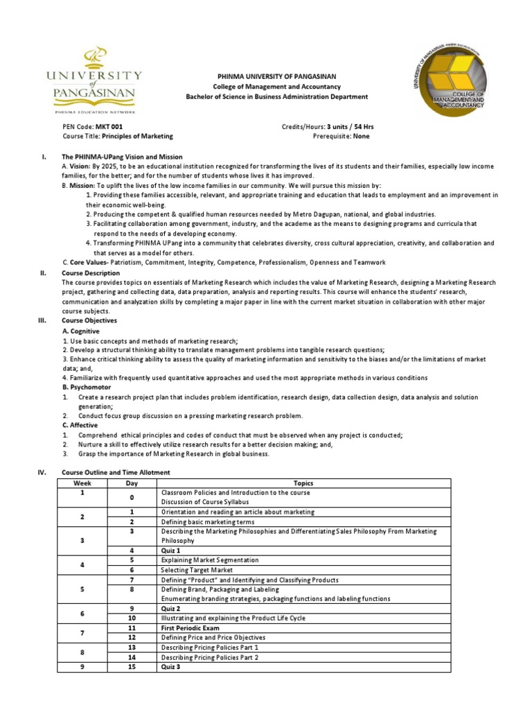 Principles of Marketing 1 Page Syllabus | PDF | Marketing Research ...