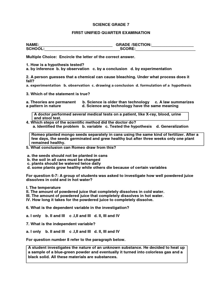 Grade 7 Science Unified Exam Guide | PDF | Chemical Substances | Chlorine