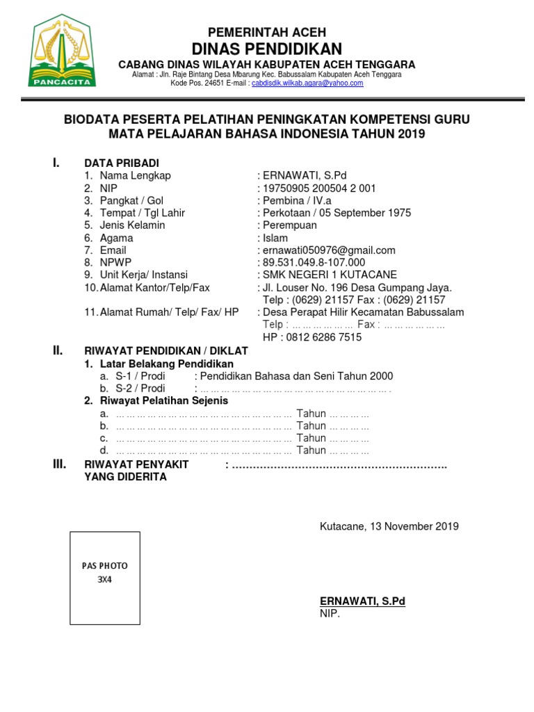 Biodata Peserta Pelatihan | PDF