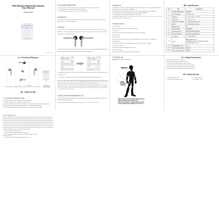 User Manual for TWS Wireless Bluetooth Earbuds: Specifications ...
