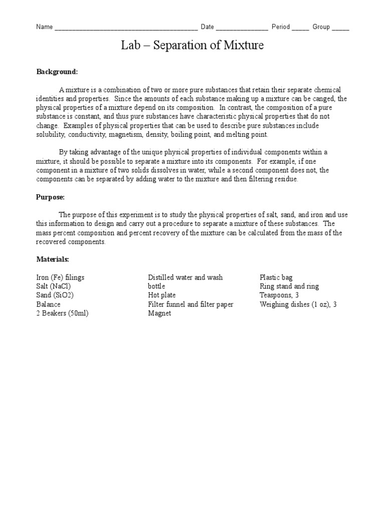 Lab 03 - Separating A Mixture | PDF | Chemical Substances | Mixture