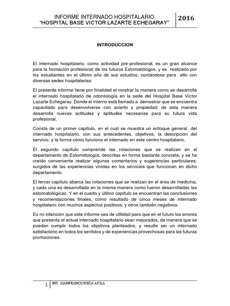 Informe Internado Hospitalario Lazarte | PDF | Historial médico | Hospital