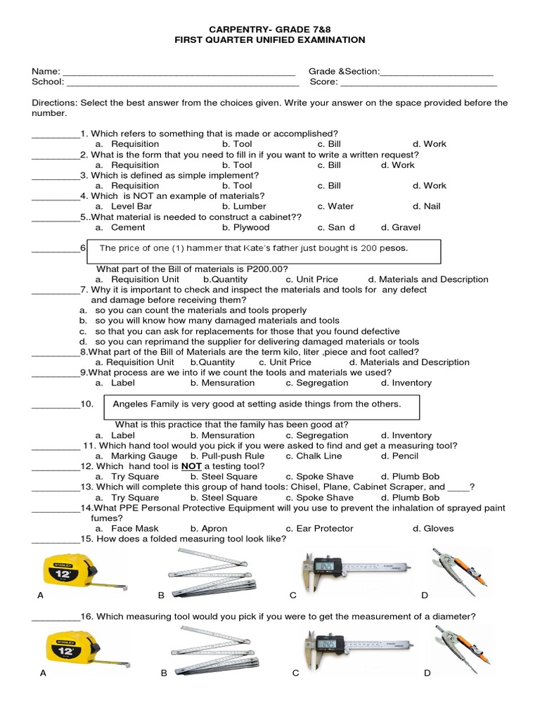 1st Quarter Examination Carpentry 7&8 | PDF | Lumber | Inch