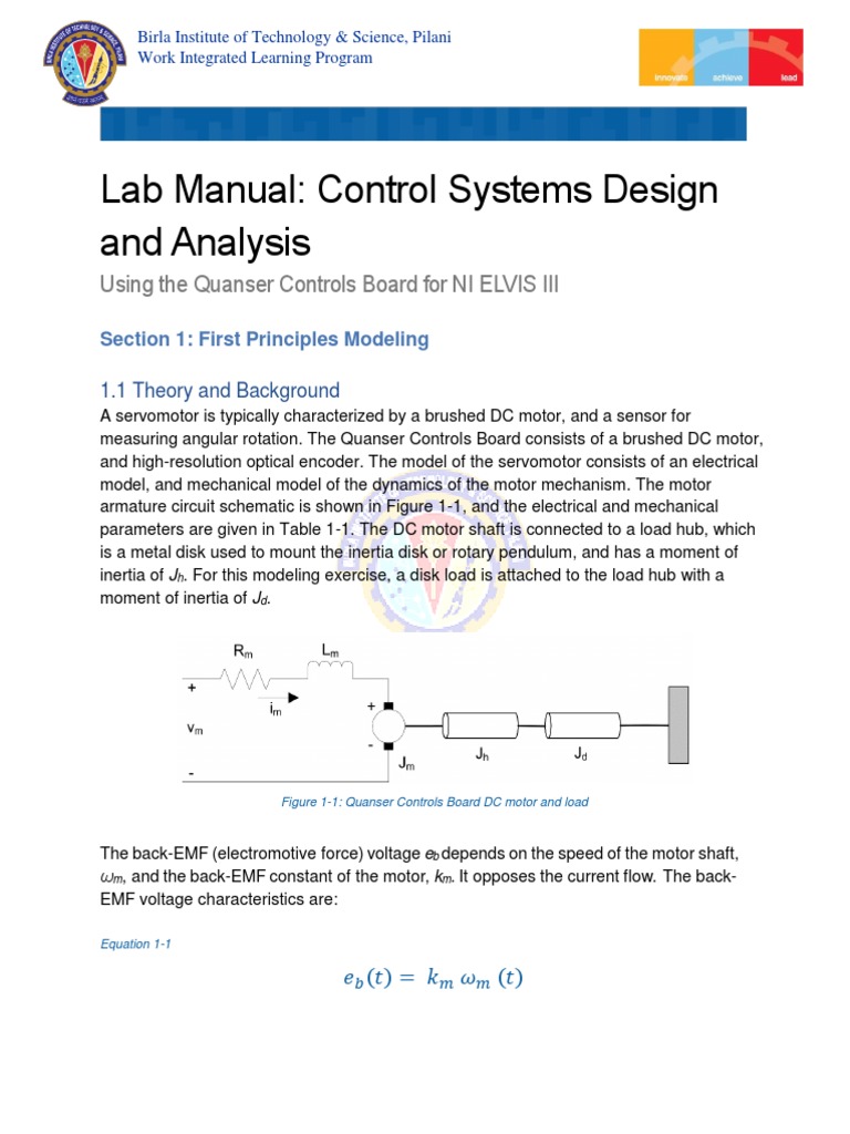Lab Manual: Control Systems Design and Analysis: Using The Quanser ...
