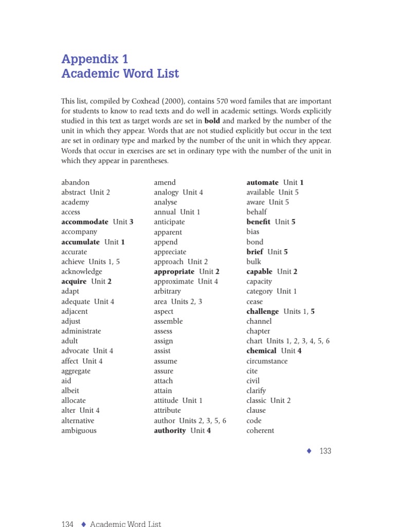 Appendix 1 Academic Word List: Automate Unit 1 | PDF | Cognition ...