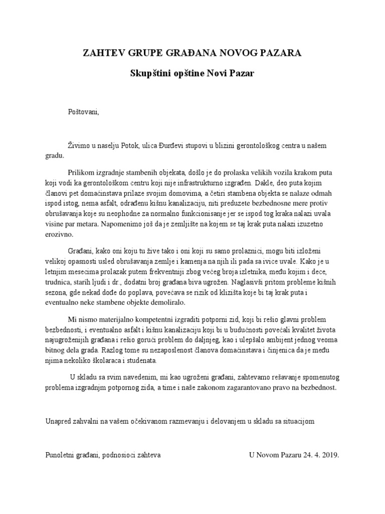 Zahtev Grupe Građana Novog Pazara Skupštini Opštine Novi Pazar | PDF