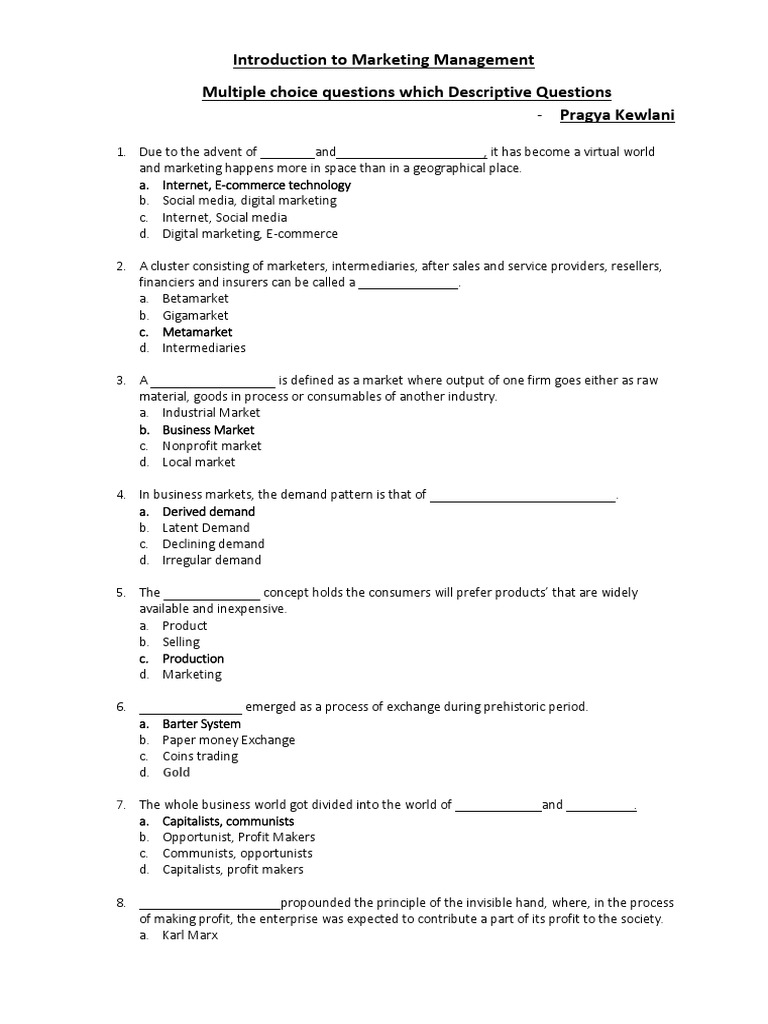 Marketing Management Questions | PDF | Prices | Marketing