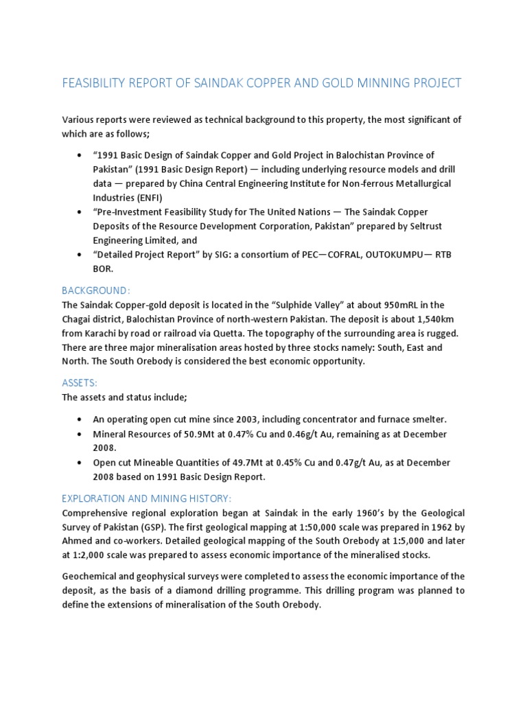 Saindak Copper-Gold Project Feasibility Report | PDF | Mining | Copper