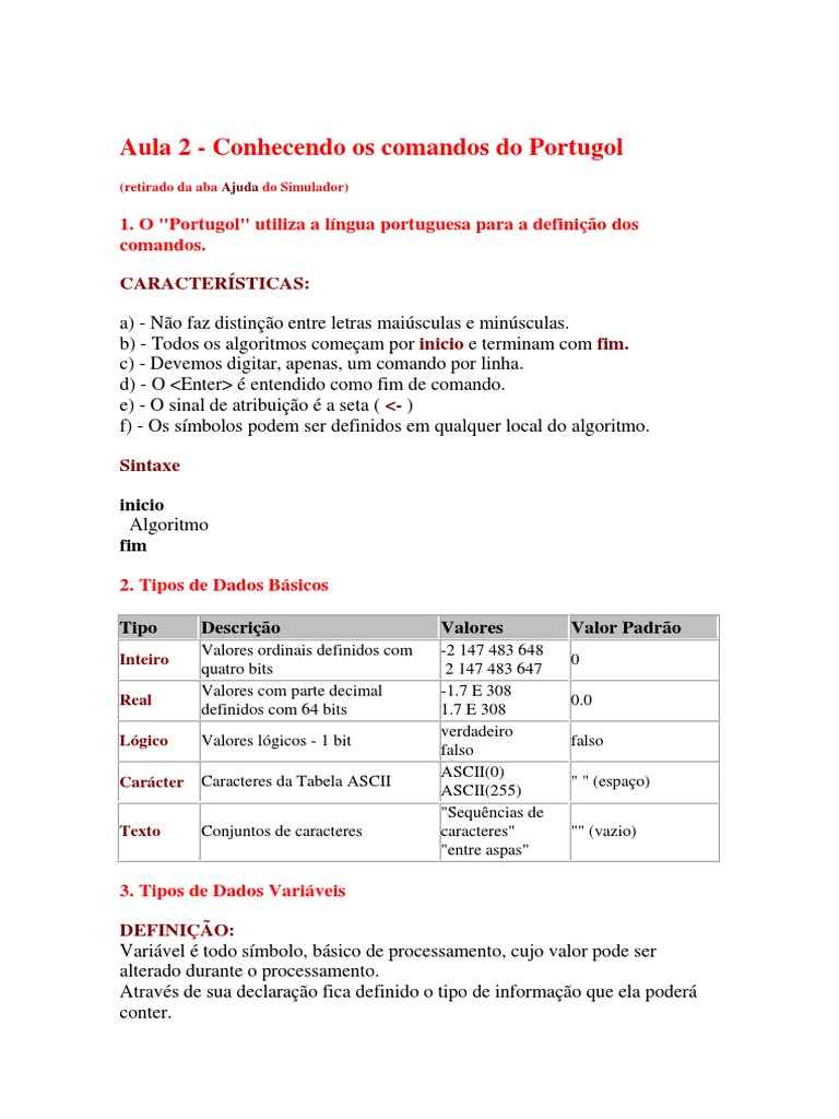 Comandos Do Portugol | Download grátis PDF | Estrutura de dados de ...