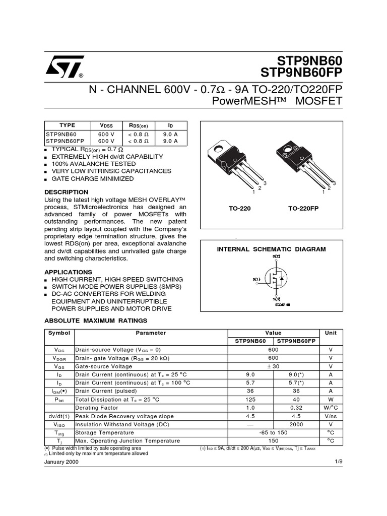 N - Channel 600V - 0.7 - 9A To-220/To220Fp Powermesh Mosfet: Stp9Nb60 Stp9Nb60Fp | PDF | Mosfet ...