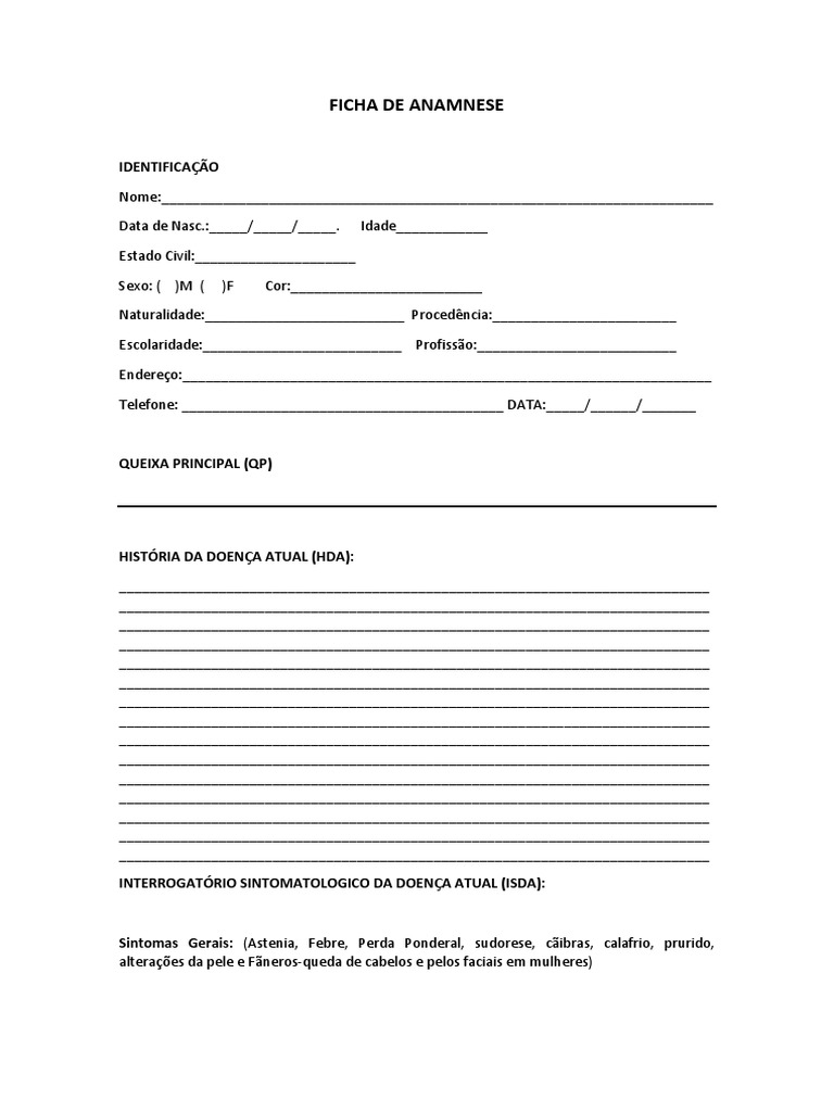 Ficha Anamnese | PDF | Sintomas e sinais | Medicina Clínica