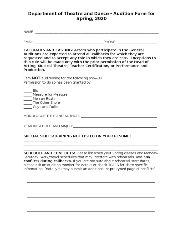 Spring 2020 Theatre Audition Form | PDF | Career & Growth | Business