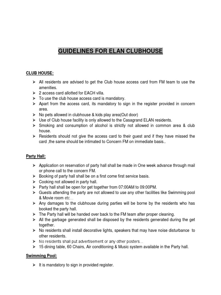 Guidelines For Elan Clubhouse: Club House | PDF | Swimming Pool