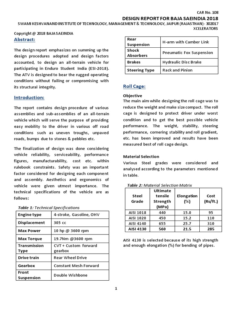 Abstract:: Design Report For Baja Saeindia 2018 | PDF | Suspension ...