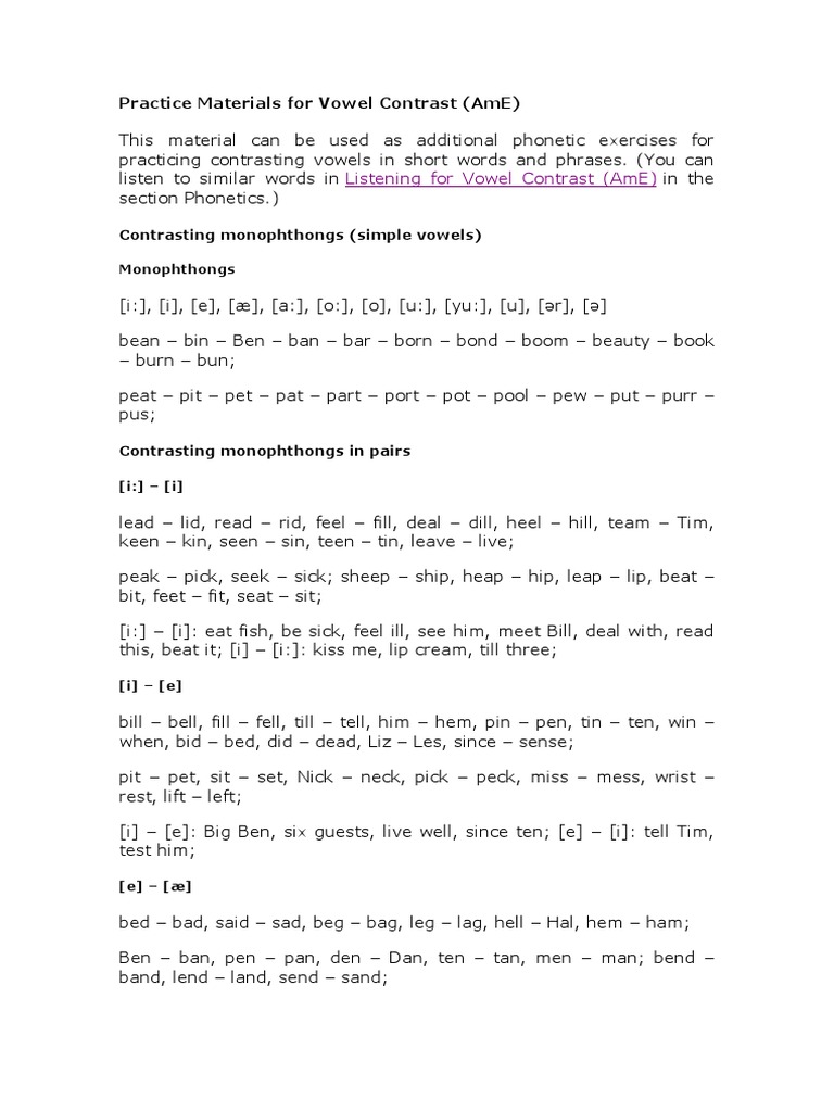 Practice Materials For Vowel Contrast (Ame) | PDF