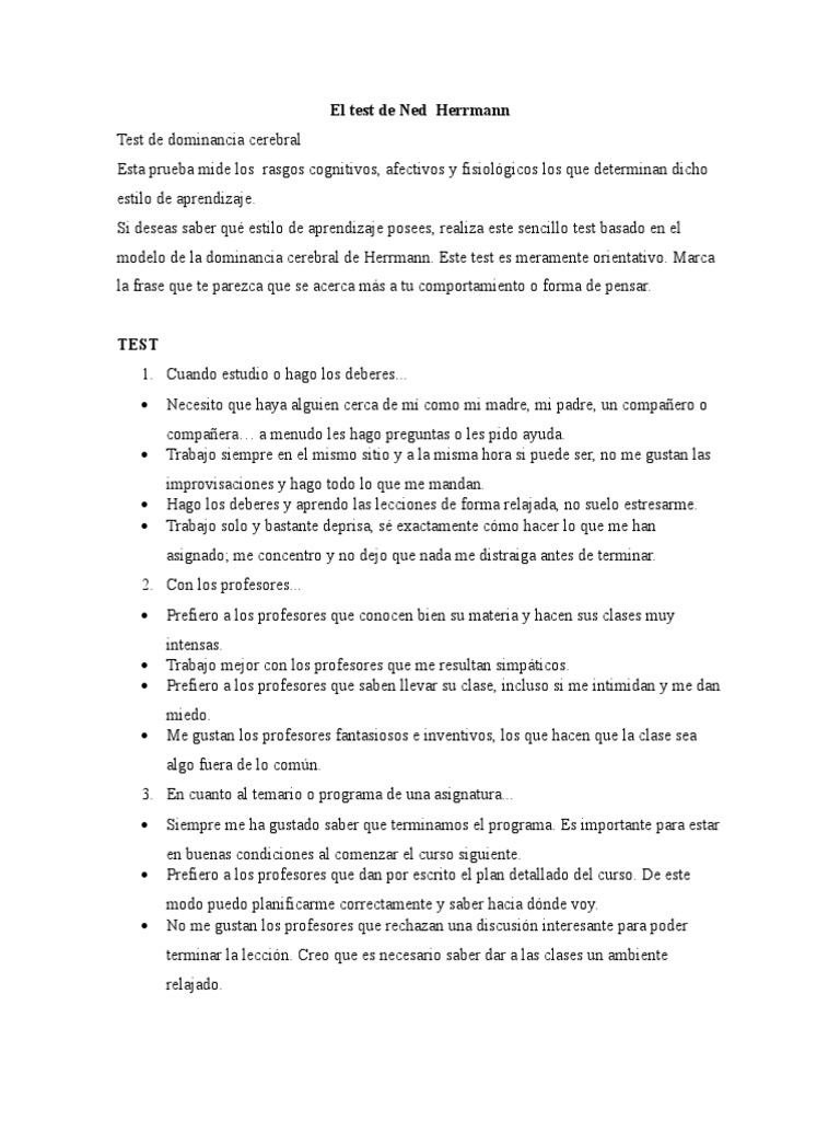 El Test de Ned Herrmann | PDF | Las emociones | Inteligencia emocional