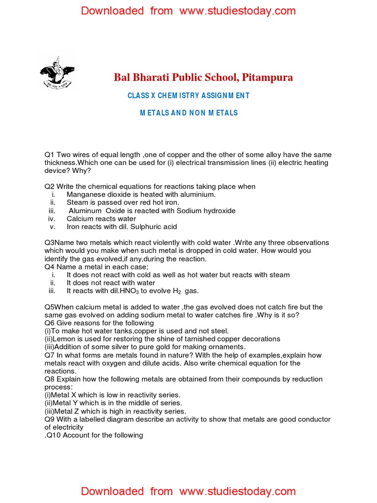 CBSE Class 10 Chemistry Worksheet - Metals and Non-Metals | PDF | Oxide ...