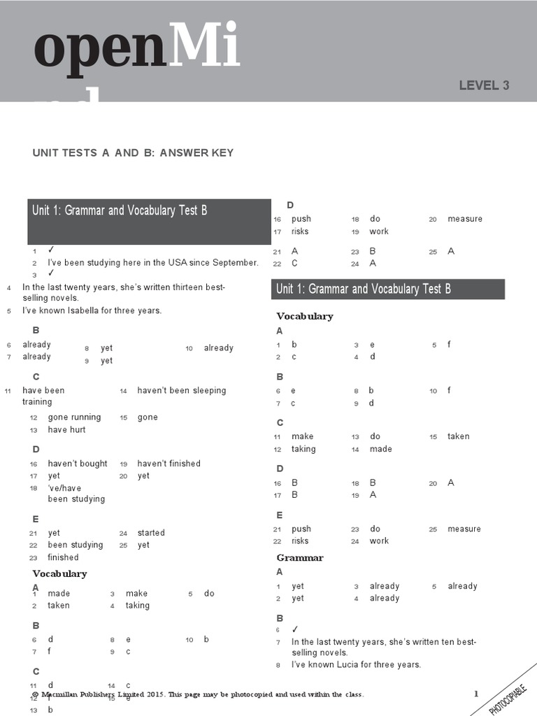 OpenMind 3 Unit Tests Answer Key | PDF