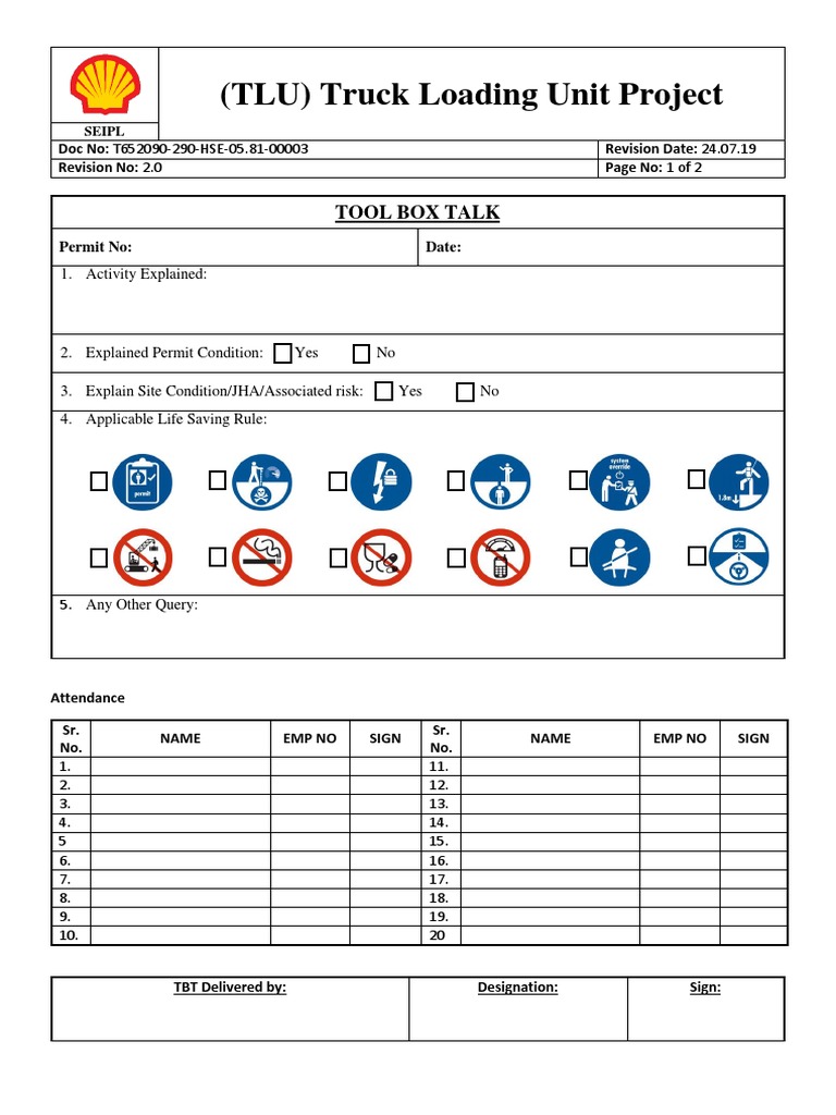 (TLU) Truck Loading Unit Project: Tool Box Talk | PDF
