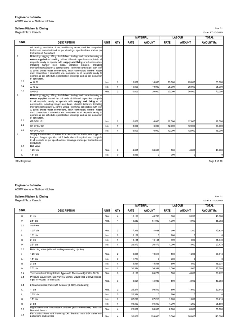 ACMV Works of Saffron Kitchen: Engineer's Estimate | PDF | Duct (Flow ...