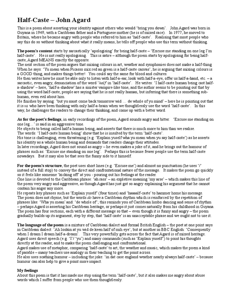 Agard Revision Notes | PDF | Poetry